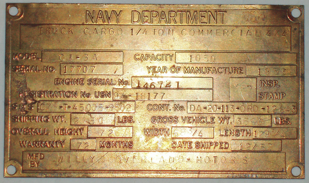 1953 Navy Data Plate **SOLD** | eWillys